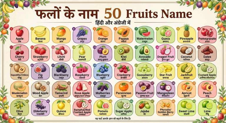 🍎 100 Fruits Name List in English and Hindi (Falon ke Naam) - Monto ...